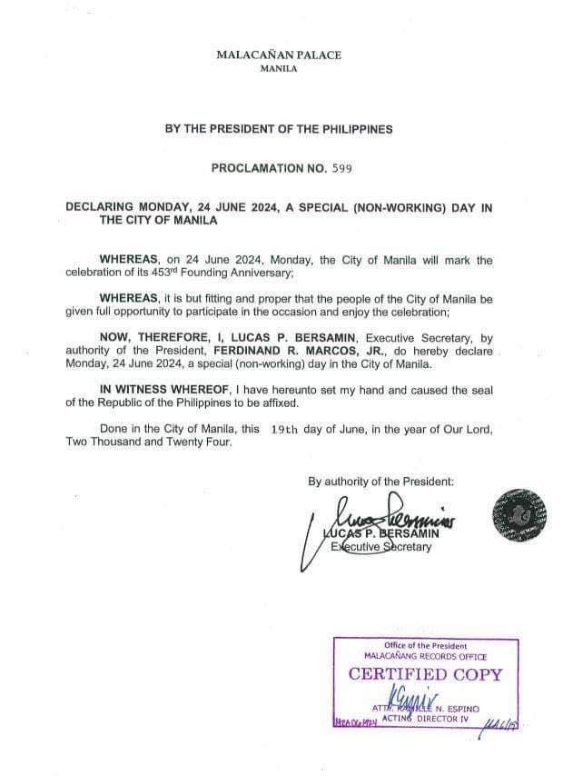 SPECIAL NON-WORKING HOLIDAY ON JUNE 24 IN MANILA - PALACE | EUROTV ...
